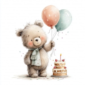 11 Cute Baby Bear Birthday Clipart, Party Clipart, Printable Watercolor ...