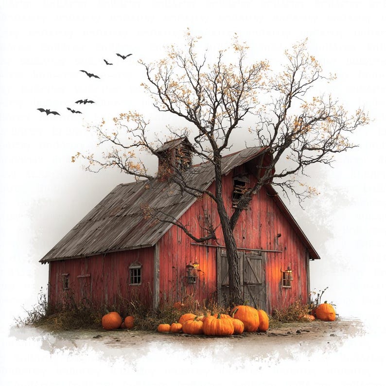 10 Rustic Red Fall Barn Clipart, Farmhouse Halloween, Printable ...