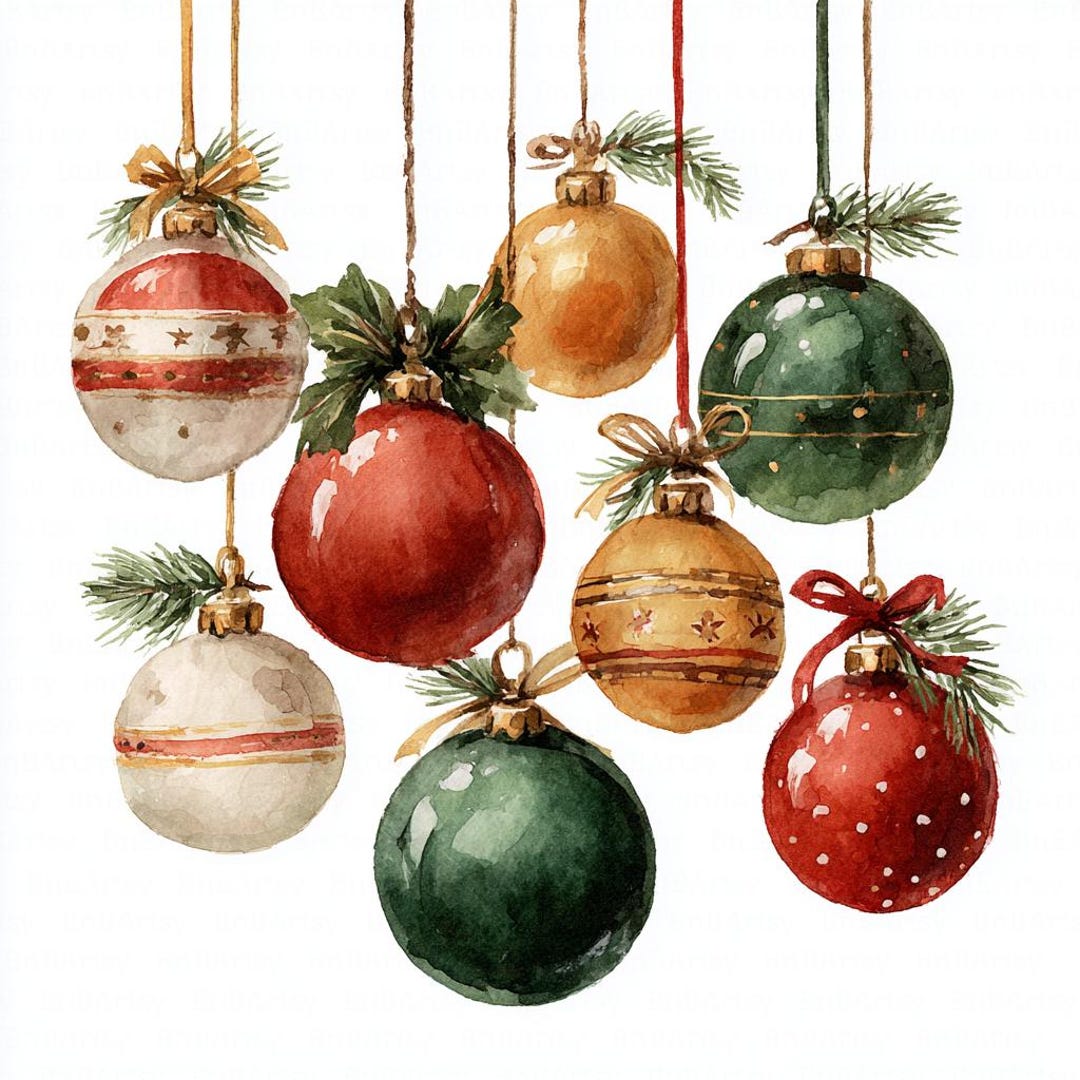 11 Hanging Christmas Ornaments Clipart, Christmas Bauble. Printable ...
