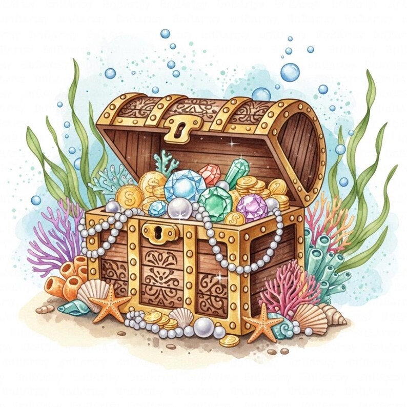 Treasure Chest Clipart, Watercolor Mermaid (digital Download ...