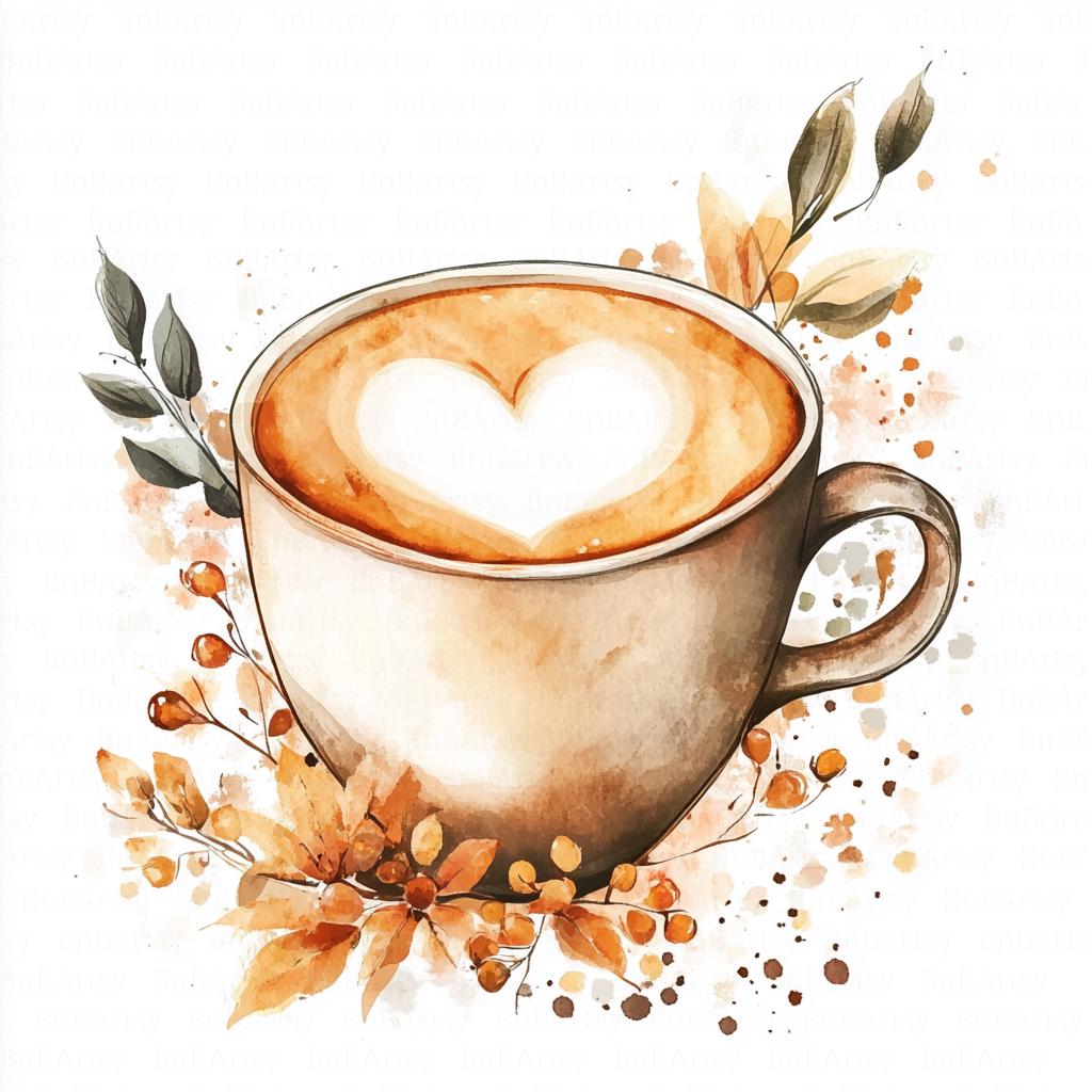 12 Coffee Latte Clipart, Heart Coffee Cup, Printable Watercolor Clipart ...