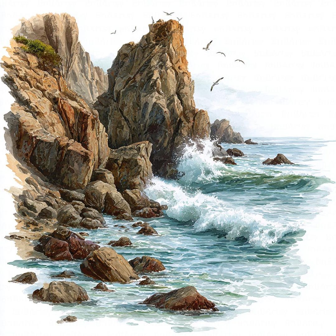 Watercolor Coastal Cliff Clipart, 10 Printable Rugged Shoreline ...
