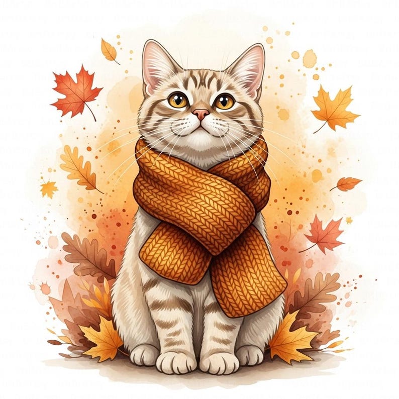 13 Cute Fall Cat Clipart, Cozy Cat, Fall Kitten, Printable Watercolor ...
