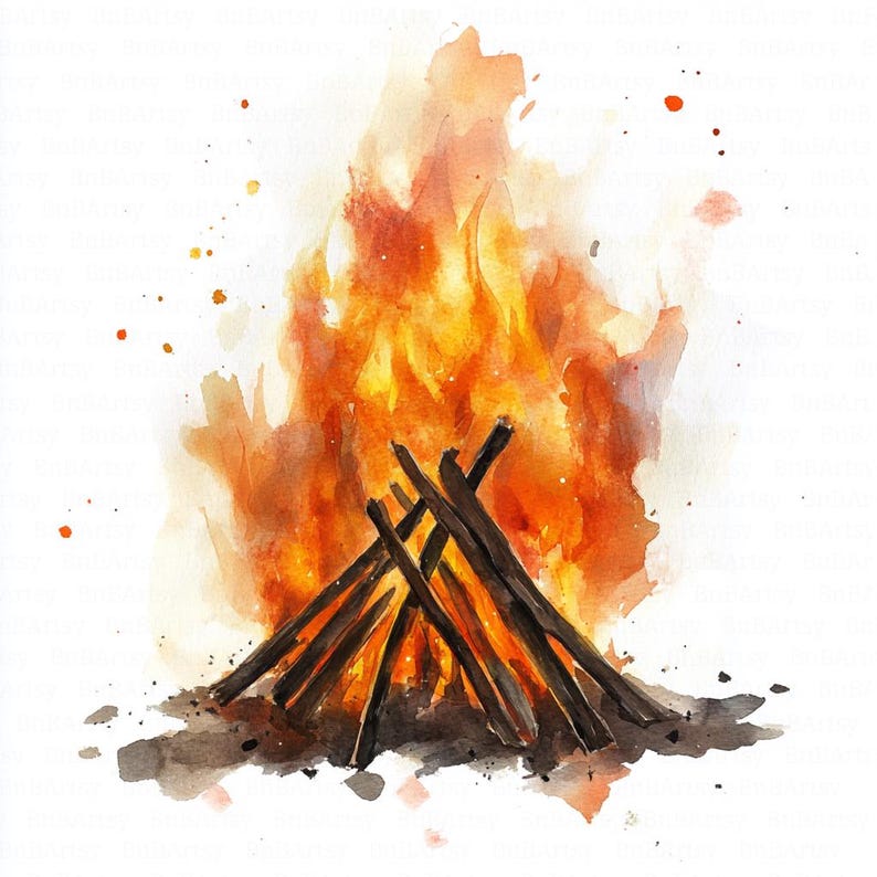 10 Bonfire Clipart, Fireplace, Campfire Clipart, Printable Watercolor ...