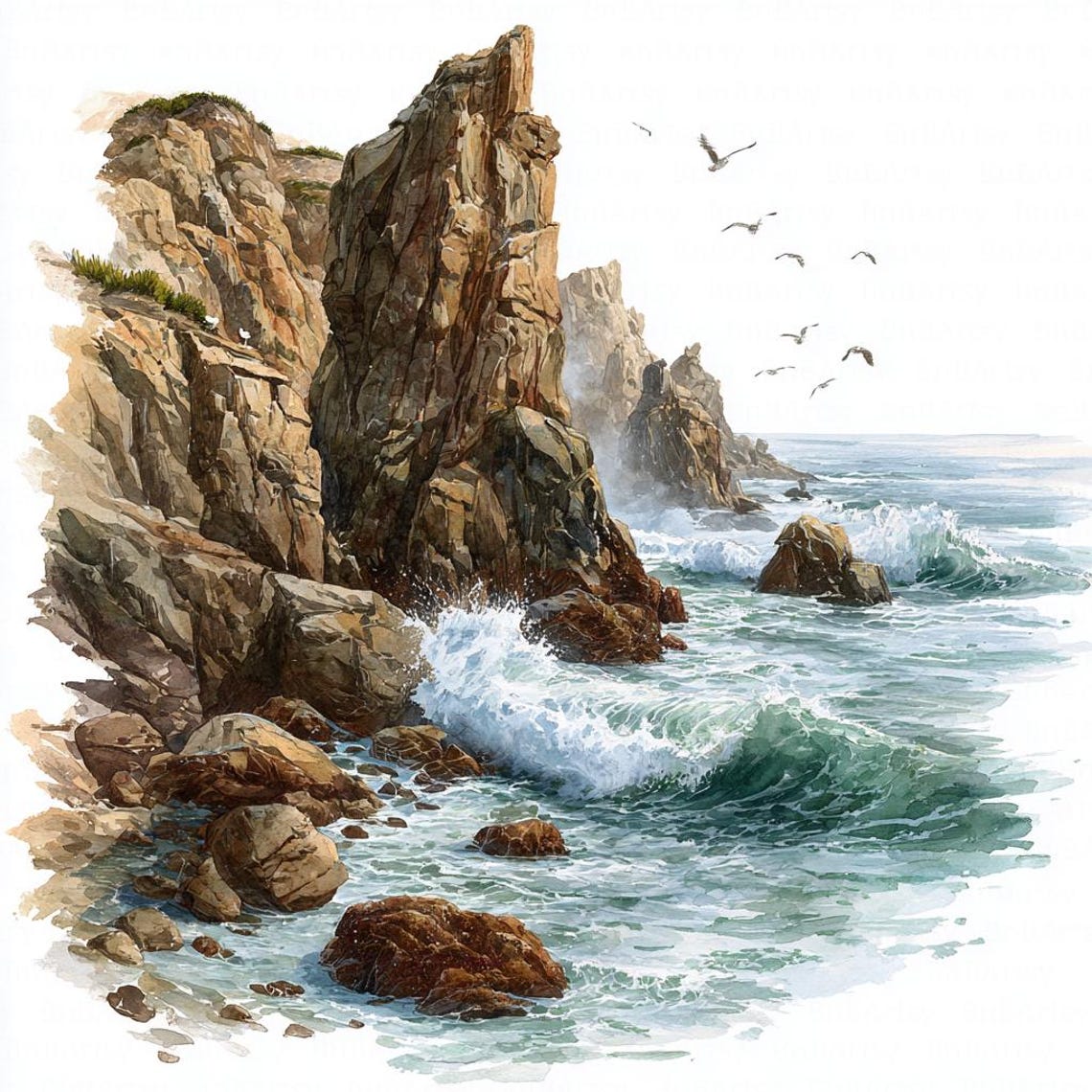 Watercolor Coastal Cliff Clipart, 10 Printable Rugged Shoreline ...