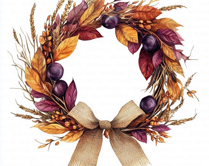 Autumn Thanksgiving Wreath Clipart, Set of 11 Jpgs, Dried Leaves ...