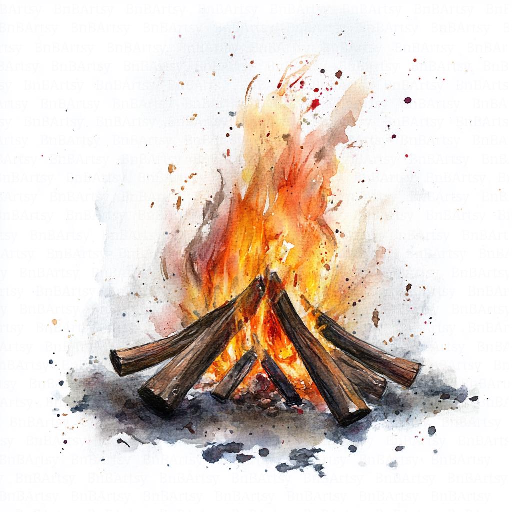 10 Bonfire Clipart, Fireplace, Campfire Clipart, Printable Watercolor ...