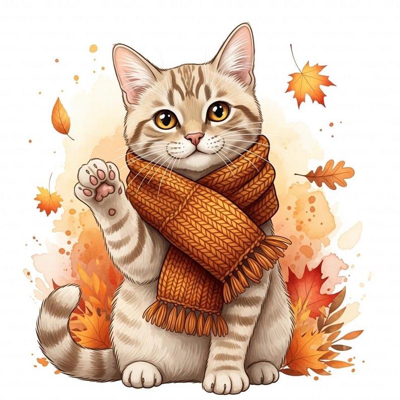 13 Cute Fall Cat Clipart, Cozy Cat, Fall Kitten, Printable Watercolor ...