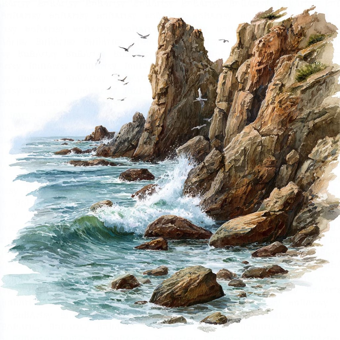 Watercolor Coastal Cliff Clipart, 10 Printable Rugged Shoreline ...