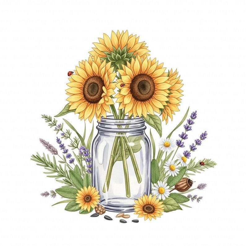 14 Sunflower Mason Jar Clipart, Rustic Sunflowers, Printable Watercolor ...