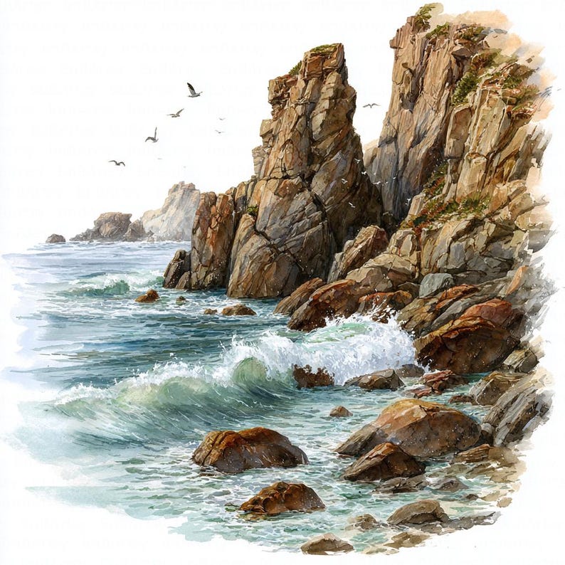 Watercolor Coastal Cliff Clipart, 10 Printable Rugged Shoreline ...
