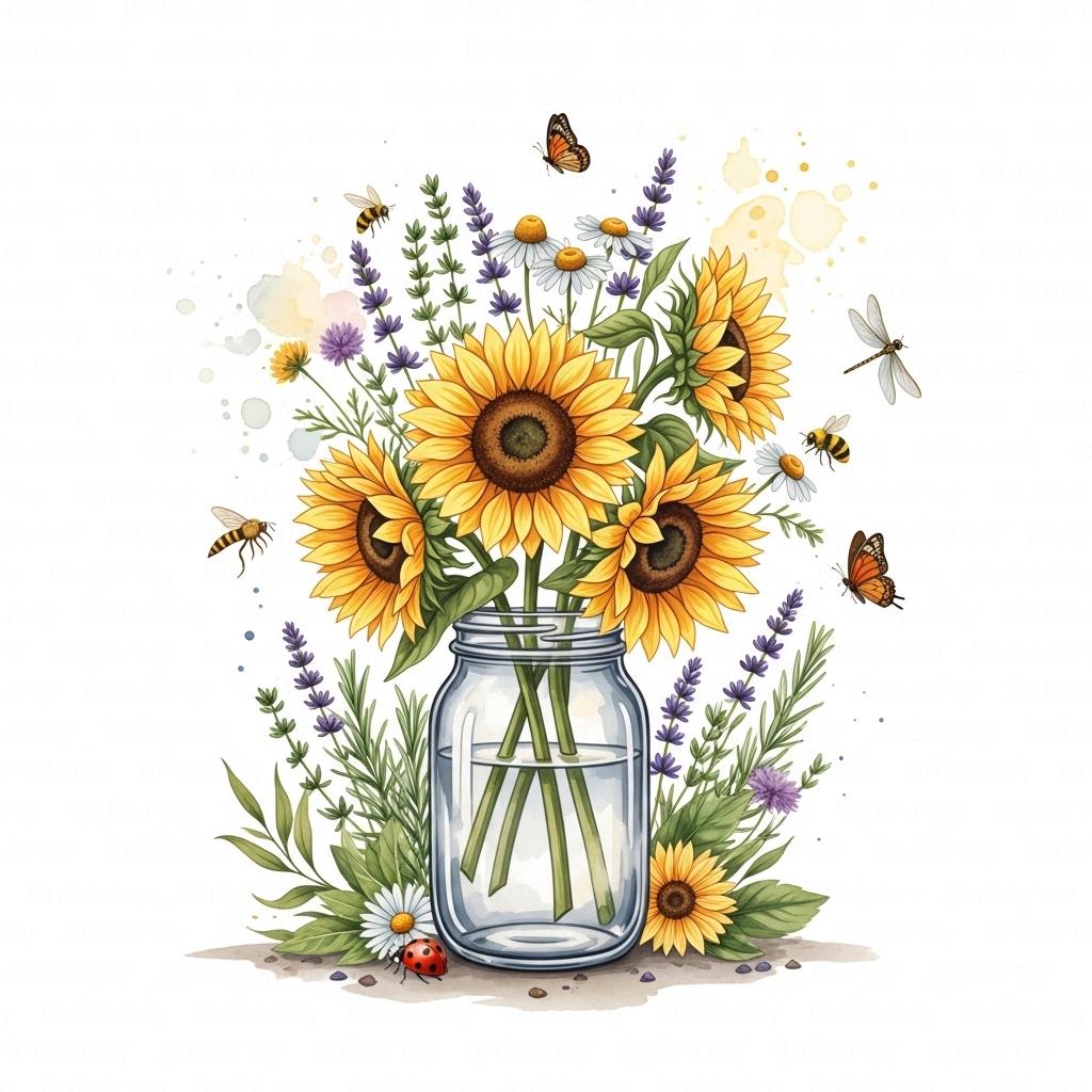 14 Sunflower Mason Jar Clipart, Rustic Sunflowers, Printable Watercolor ...