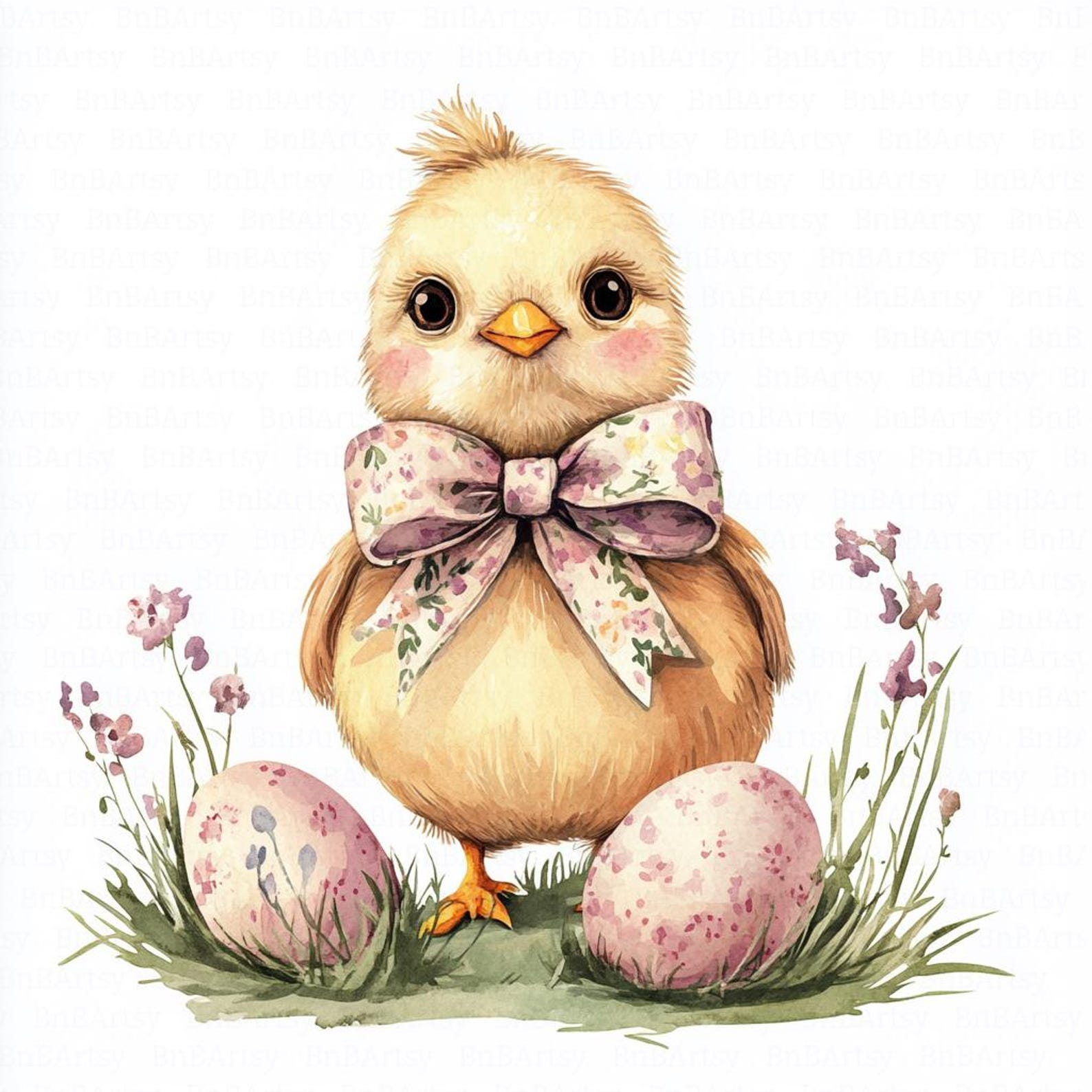 14 Easter Chick and Eggs Clipart, Floral Bow, Printable Watercolor ...