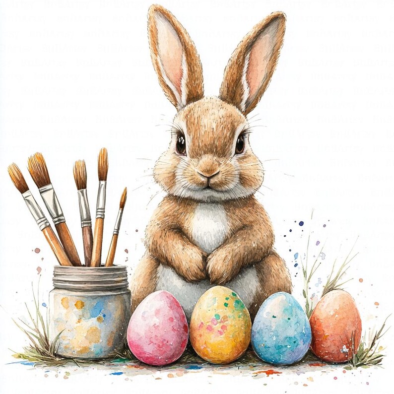 10 Easter Bunny Painting Eggs Clipart, Printable Watercolor Clipart ...