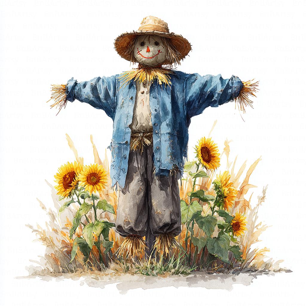 12 Fall Scarecrow Clipart, Autumn Field Flowers Clipart, Printable ...
