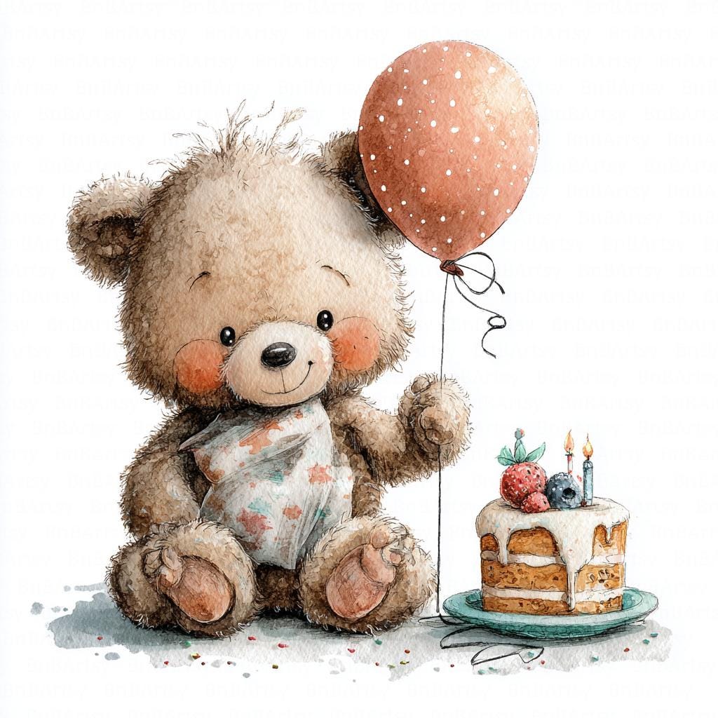 11 Cute Baby Bear Birthday Clipart, Party Clipart, Printable Watercolor ...