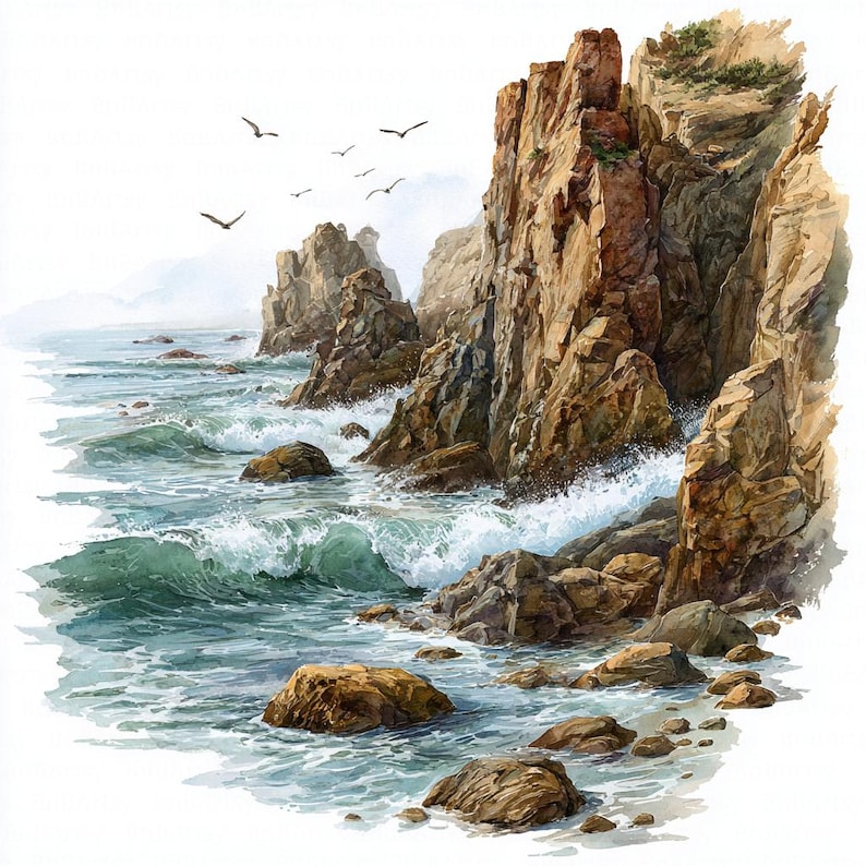 Watercolor Coastal Cliff Clipart, 10 Printable Rugged Shoreline ...