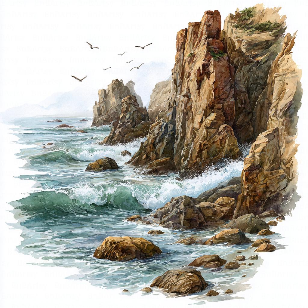Watercolor Coastal Cliff Clipart, 10 Printable Rugged Shoreline ...
