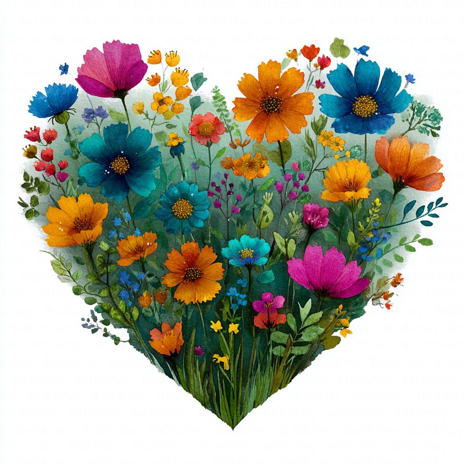 13 Wildflower Heart Clipart, Floral Wreath Clipart, Printable ...