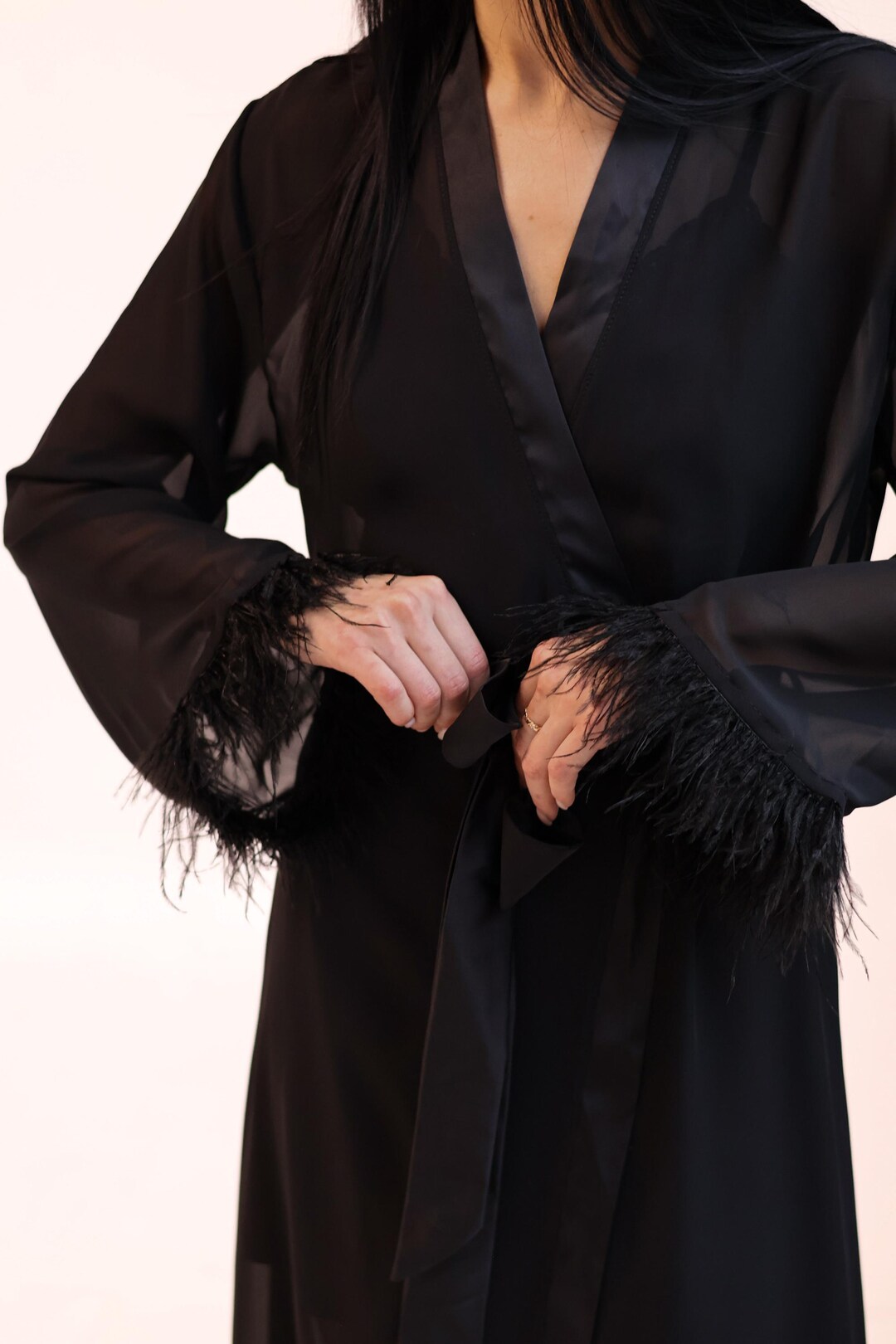 Black Sheer Robe – Feather Trim, Mesh Fabric, Luxury Loungewear - Etsy