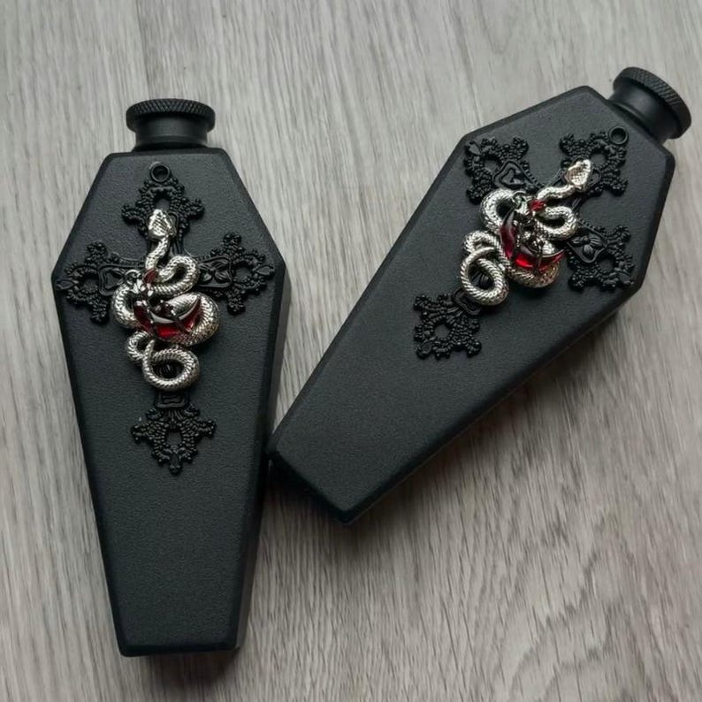 Gothic Coffin Flask – Engraved Cross, Silver Serpent & Blood Moon Gem ...