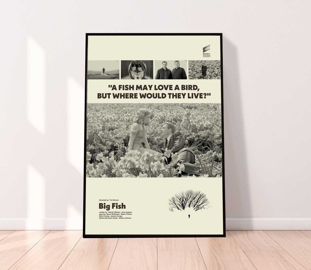 BIG FISH Poster - Tim Burton - Mid-century Modern - Art Print - Black and White, Vintage Poster ...