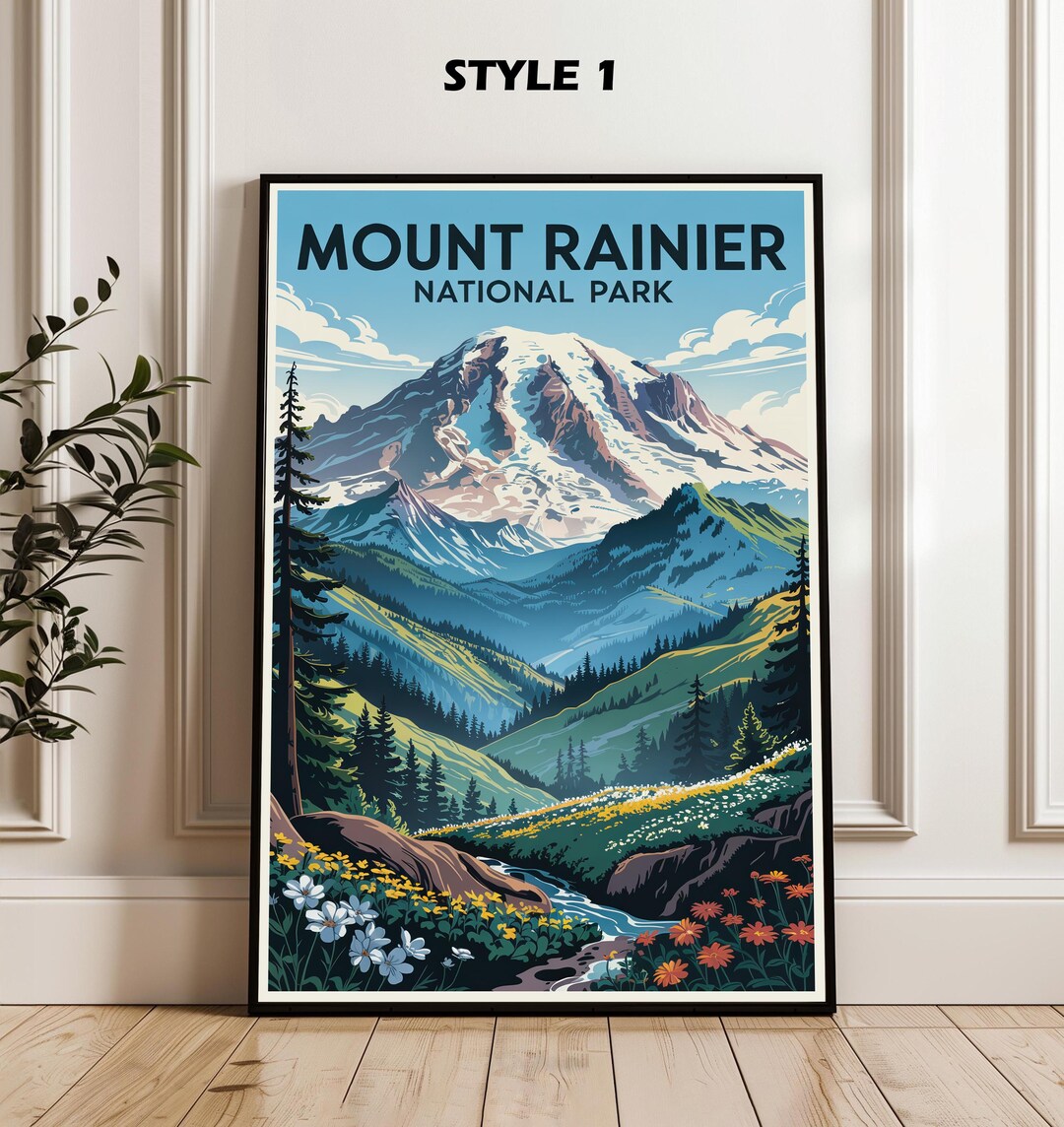 Mount Rainier National Park Travel Poster, Nature Landscape Art, Mount ...