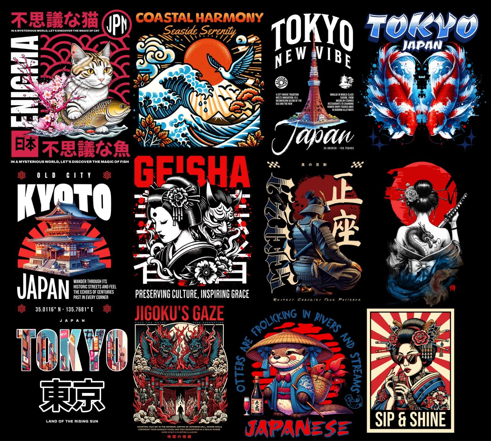 200+ Japanese T-shirt Design PNG Bundle | Samurai, Koi Fish, Geisha ...