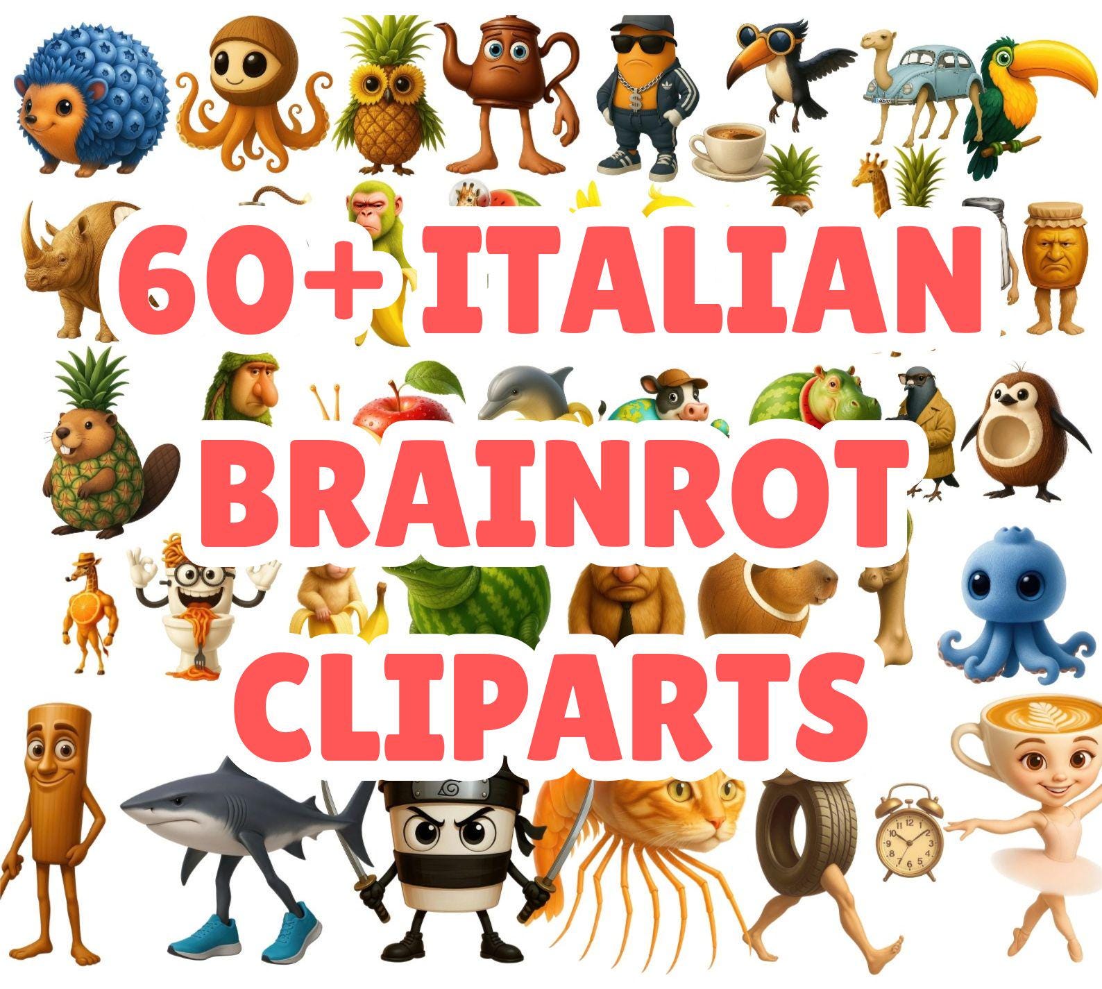 Italian Brainrot PNG Sublimation, Design Bundle (60+ PNG), Tung Tung ...