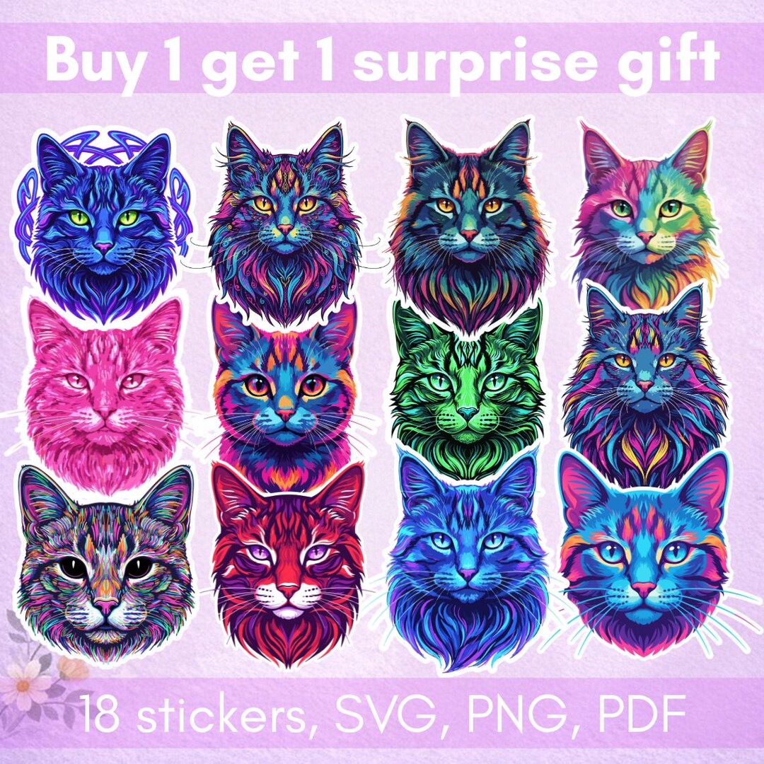 Colorful Cat Stickers & Clipart Bundle |12 Cat Faces + 6 Full Cats ...