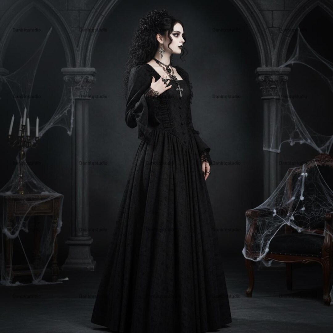 Gothic Victorian Square Neck Long Sleeve Gown, Wedding Dress, Evil ...