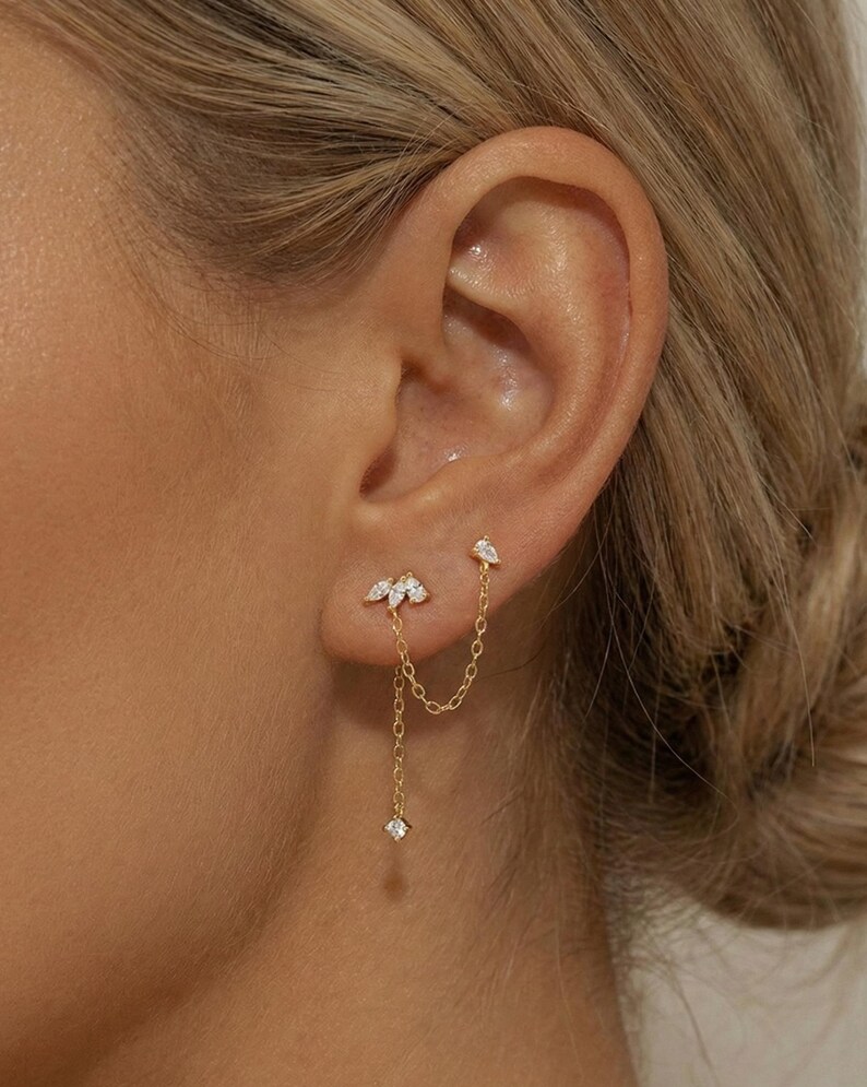 Dangle Diamond Chain Earrings: 925 Sterling Silver, 18K Gold - Etsy