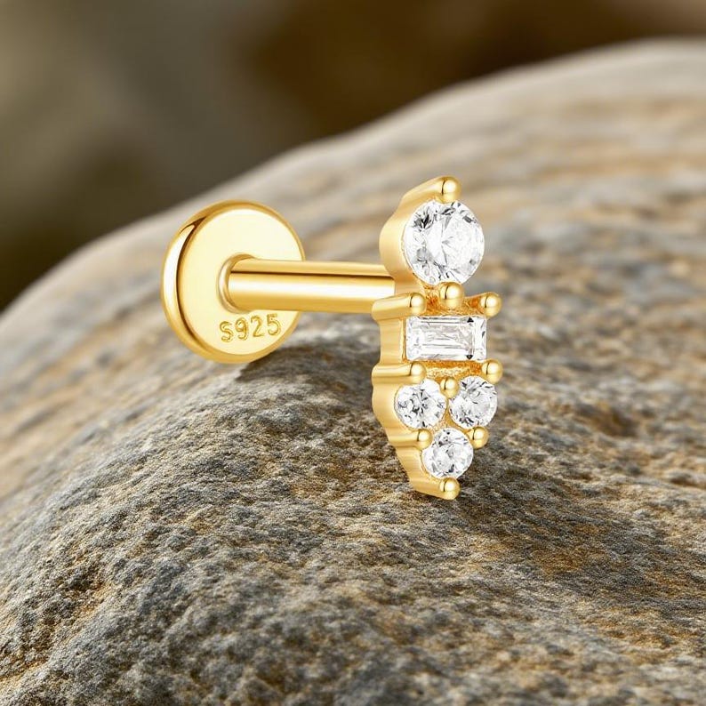 925 Sterling Silver Elegant Gold Diamond Ear Piercing Set Minimalist ...