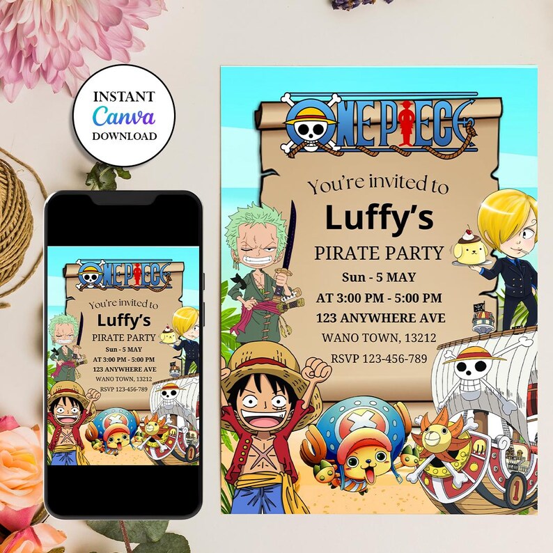 One Piece Birth Day Invitation Pirate Party, Editable Canva Template ...
