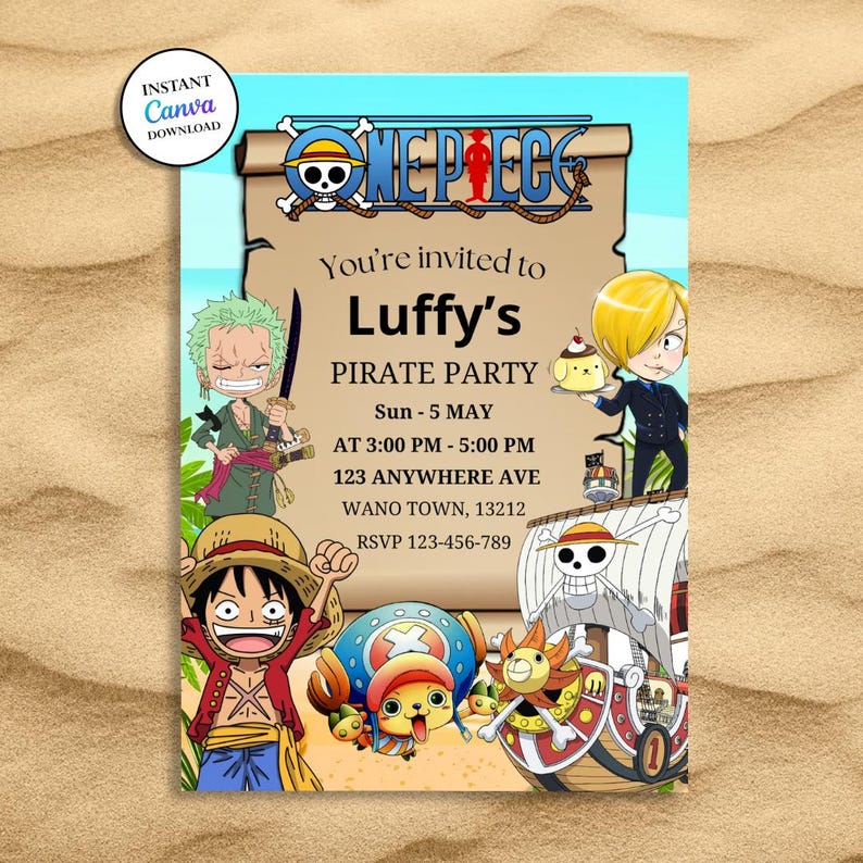 One Piece Birth Day Invitation Pirate Party, Editable Canva Template ...