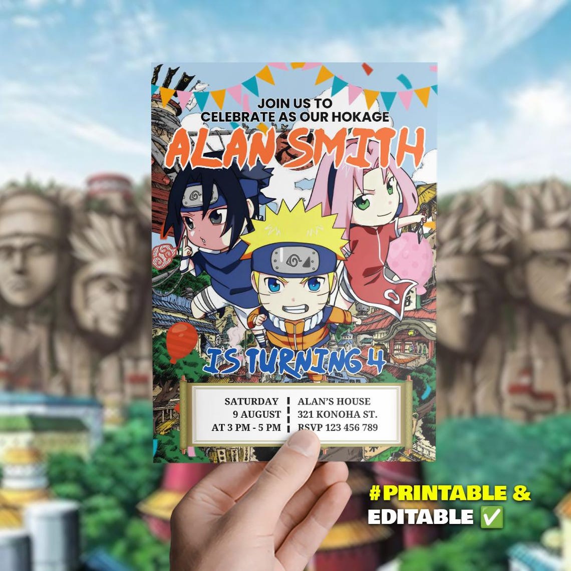 Naruto Birthday Invitation, Editable Canva Template, Anime Party Invite ...