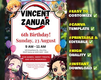 Demon Slayer Birthday Invitation Kids Birthday Invite Canva Digital ...