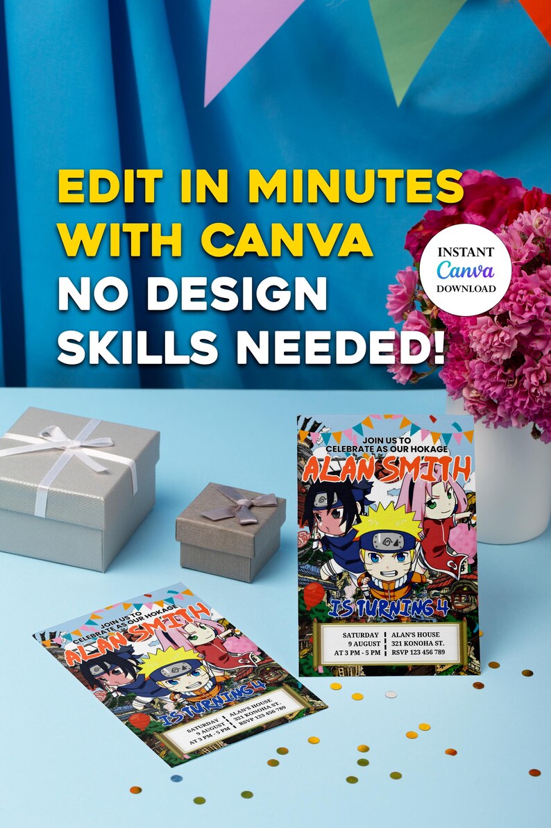 Naruto Birthday Invitation, Editable Canva Template, Anime Party Invite ...