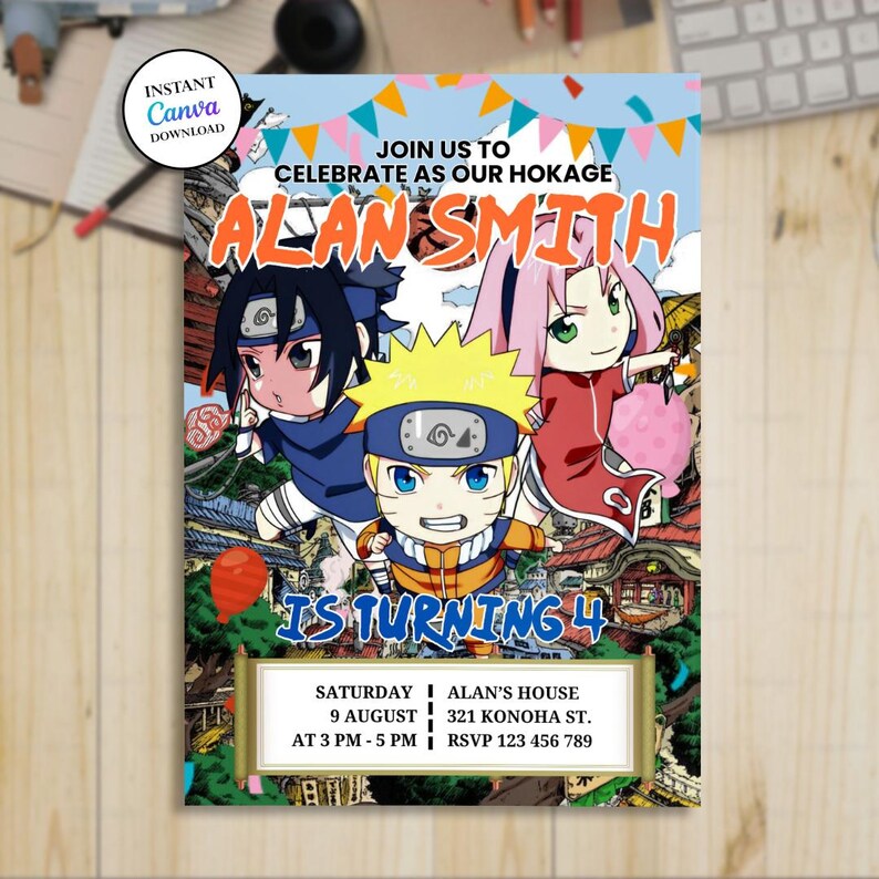 Naruto Birthday Invitation, Editable Canva Template, Anime Party Invite ...