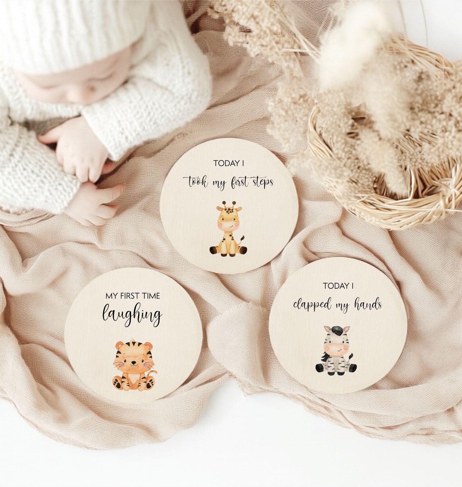 Wooden Baby Milestone Discs Set | Jungle/safari Animals | Baby Shower ...