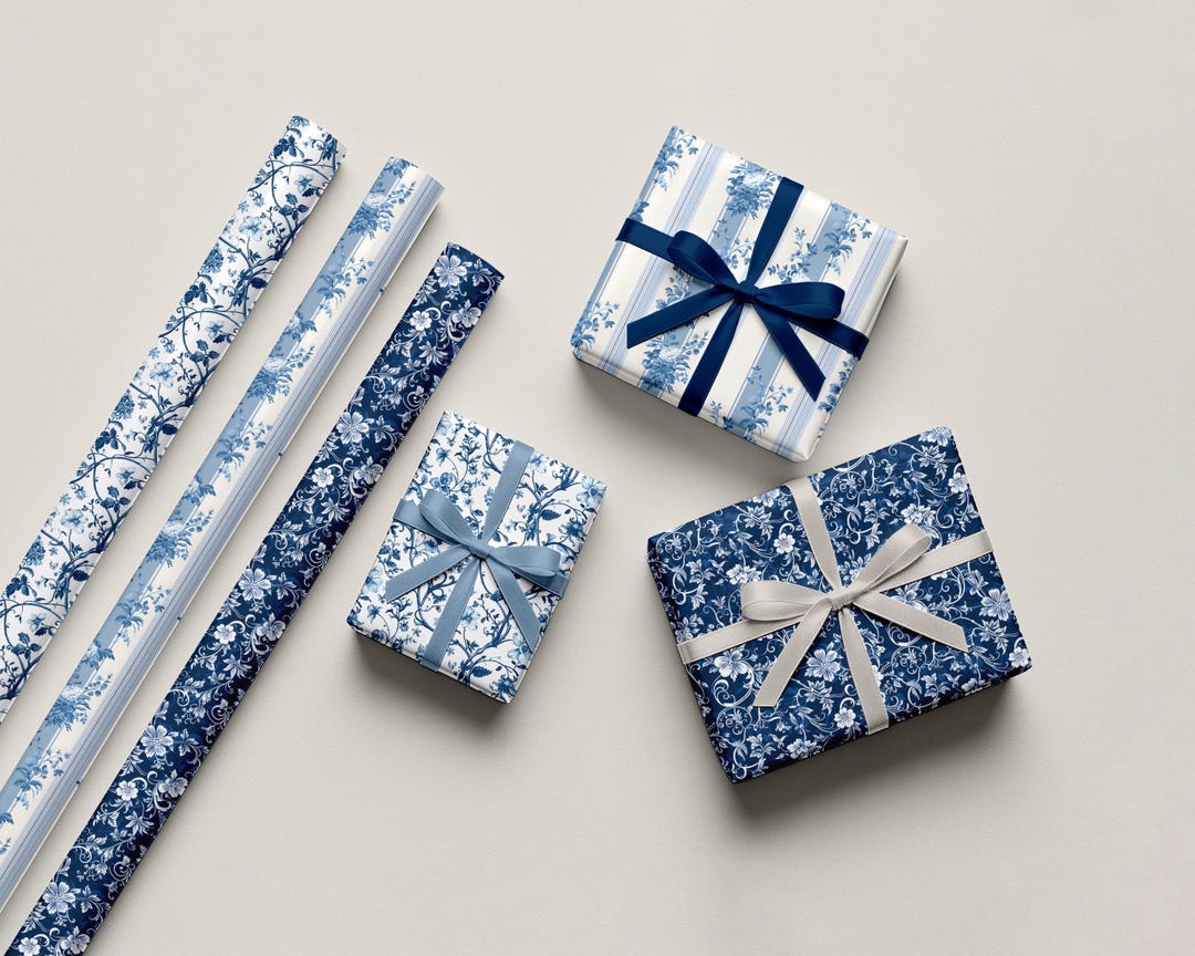 Blue Toile Wrapping Paper | Floral Vintage Gift Wrap - Etsy