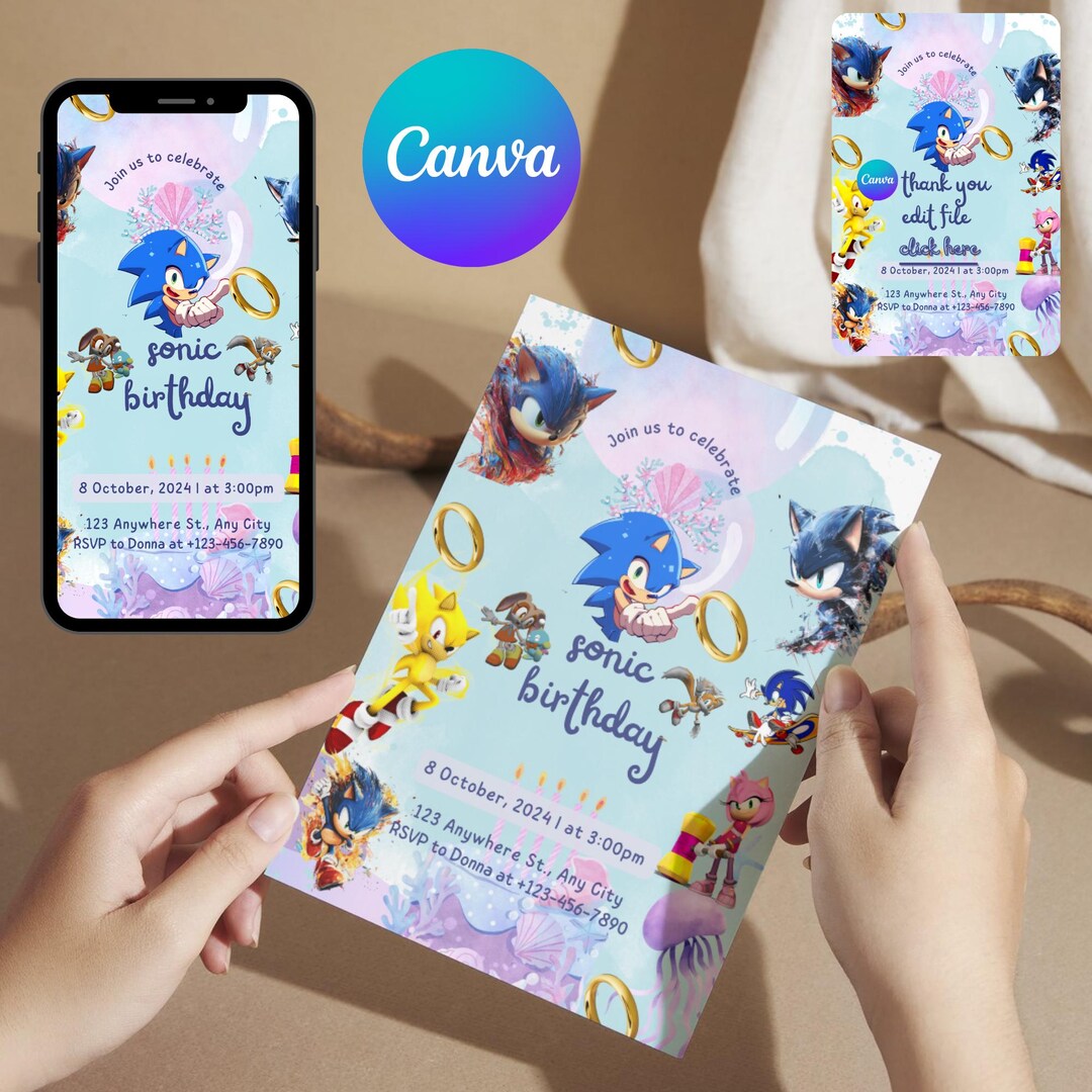 Sonic Birthday Invitation & Thank You Tags - Editable Party Set ...