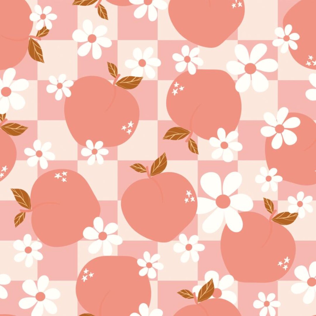 Grid Peach Floral Fabric - Fruit Floral Pattern Cotton Fabric -by Half ...