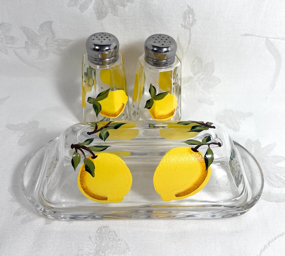Hand-painted Lemon Butter Dish & Salt and Pepper Shakers Set | Italian ...