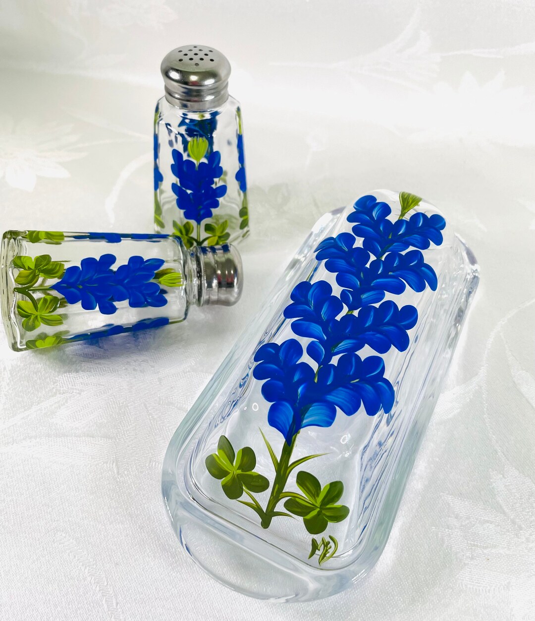 Butter Dish Set,shakers,blue Bonnets,hand Painted,gift Idea - Etsy