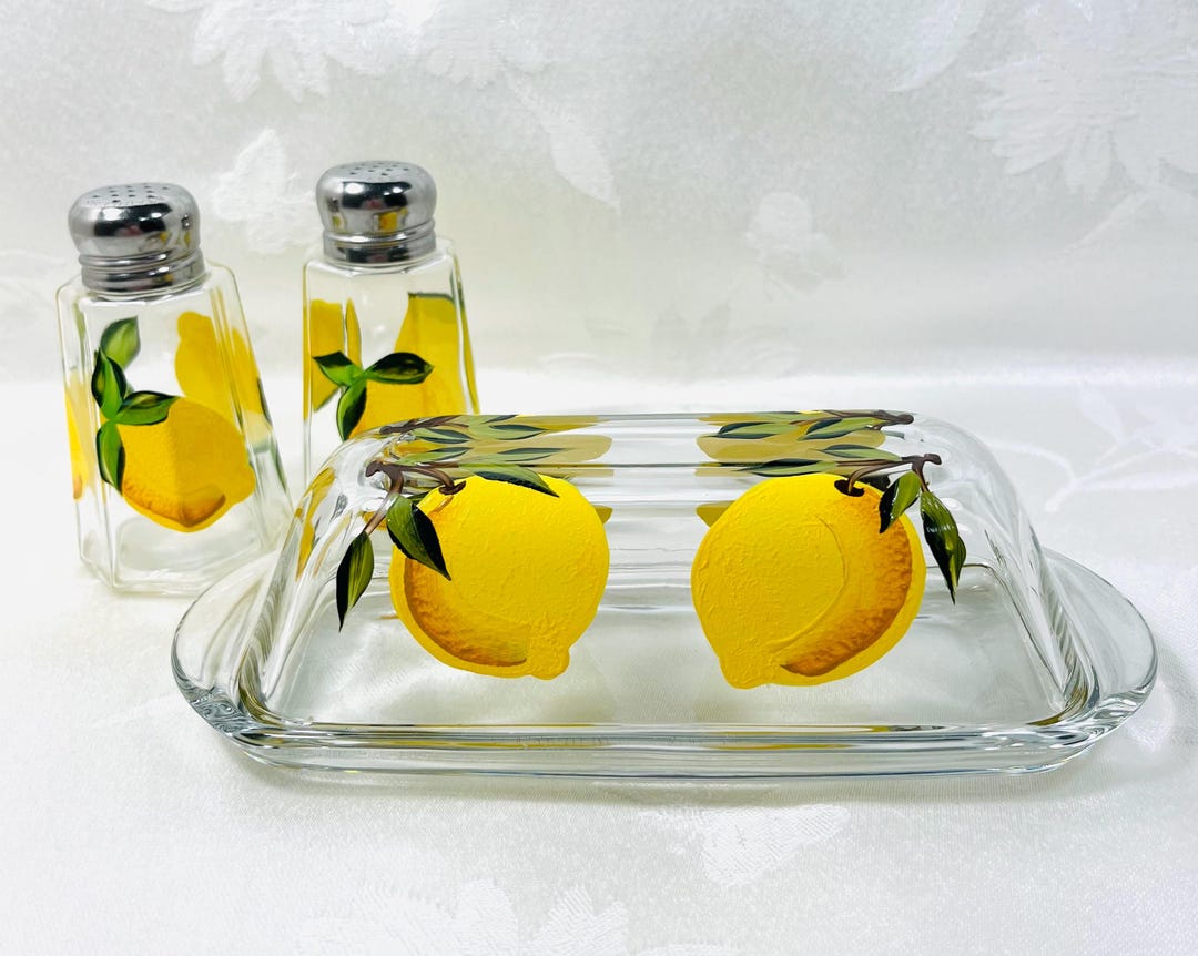 Hand-painted Lemon Butter Dish & Salt and Pepper Shakers Set | Italian ...