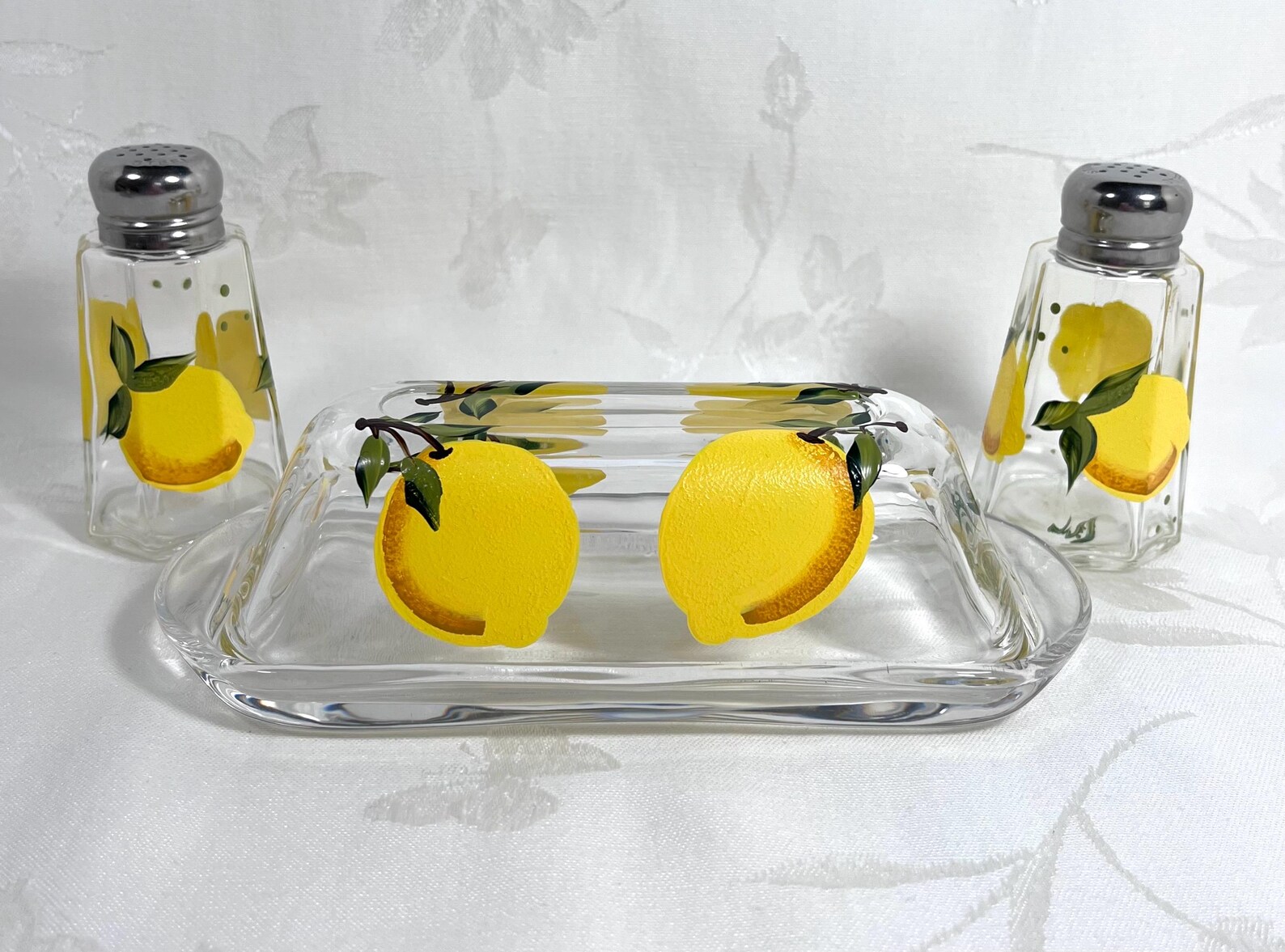 Hand-painted Lemon Butter Dish & Salt and Pepper Shakers Set | Italian ...