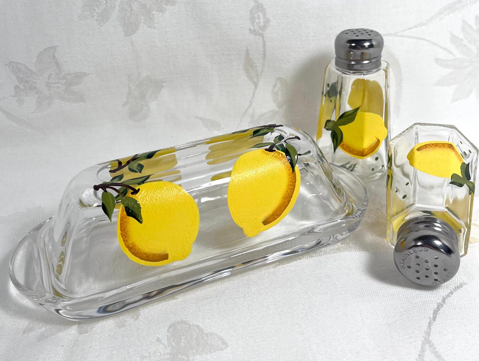Hand-painted Lemon Butter Dish & Salt and Pepper Shakers Set | Italian ...