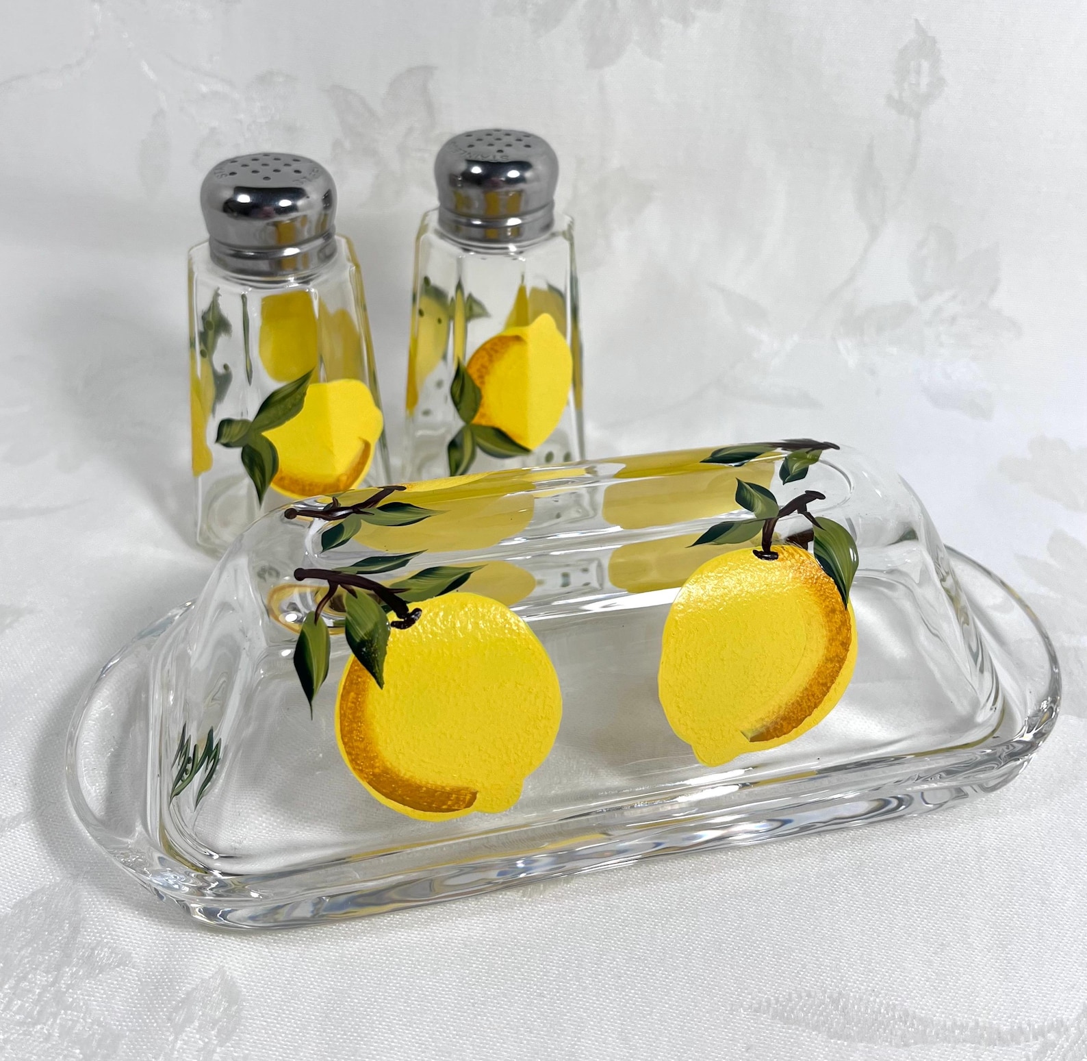 Hand-painted Lemon Butter Dish & Salt and Pepper Shakers Set | Italian ...
