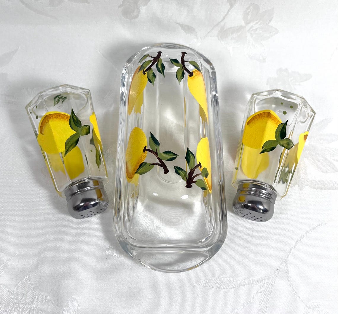 Hand-painted Lemon Butter Dish & Salt and Pepper Shakers Set | Italian ...